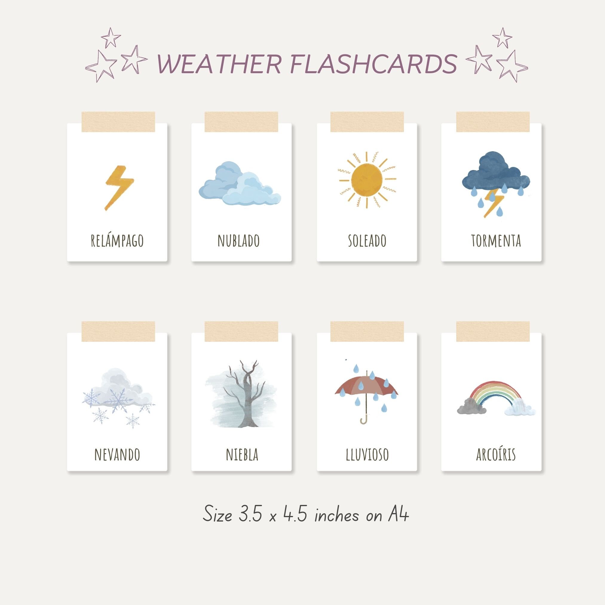 Spanish Weather Vocabulary, 16 Montessori Cards, Weather Flash Cards ...