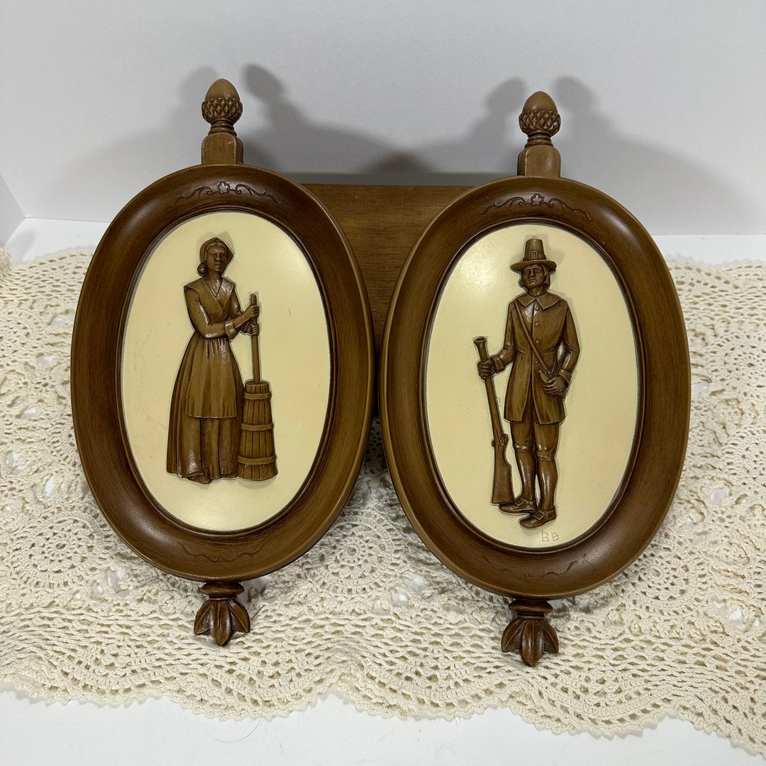 Vintage Mid Century Mod Wall Plaques Pictures Syroco Pilgrims Man and ...