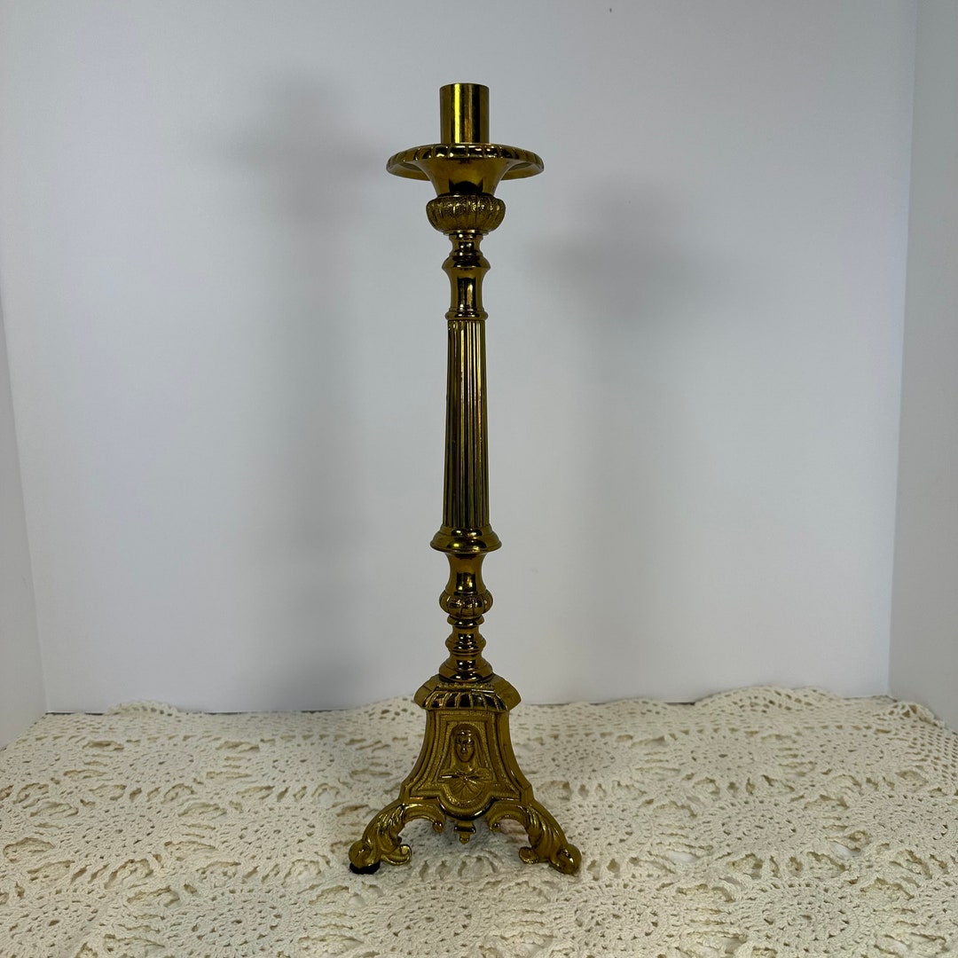 Tall Large Solid Brass Church Candle Stick Holder, Jesus, Mary, and ...