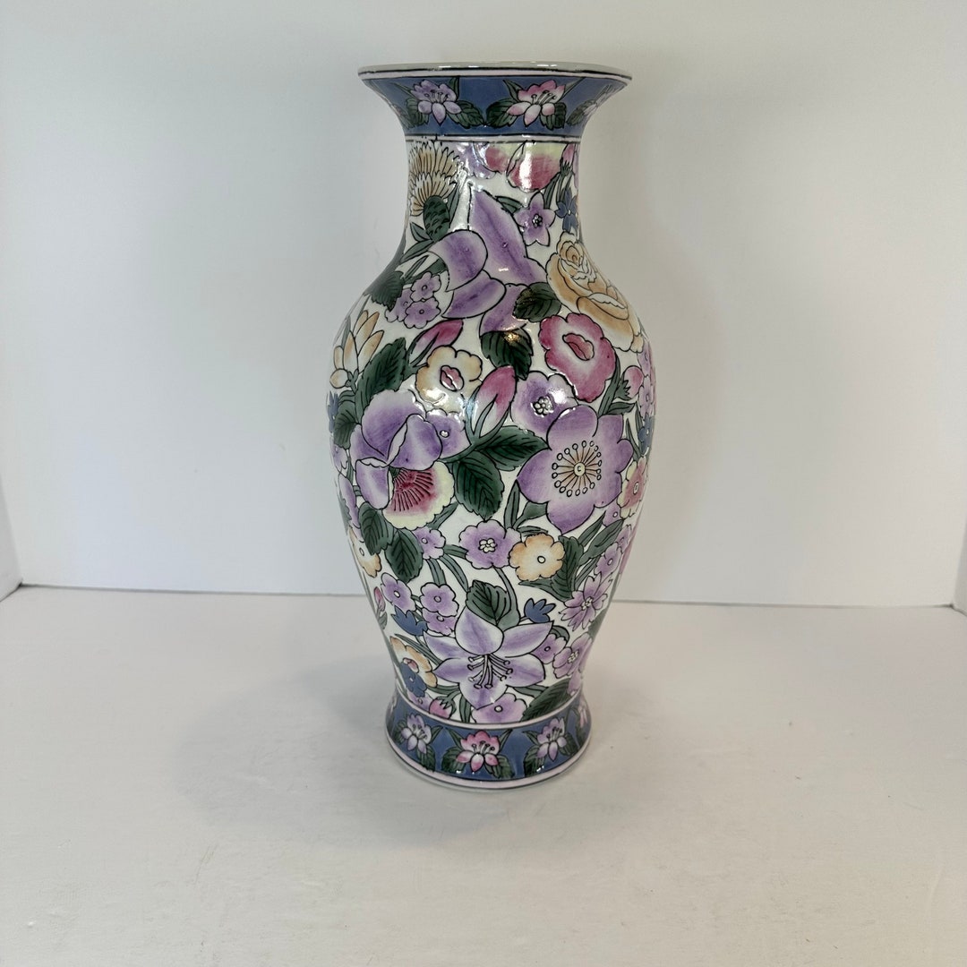 Vintage, Beautiful Asian Floral Embossed Textured Ceramic Vase Painted ...
