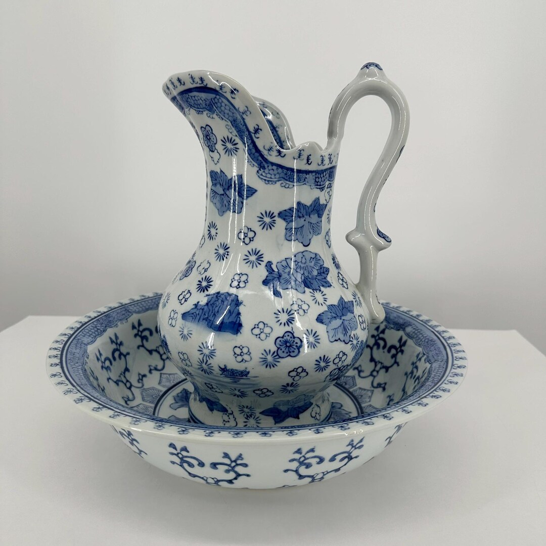 Vintage Large Pitcher Wash Basin Set Ceramic Asian Blue and White ...