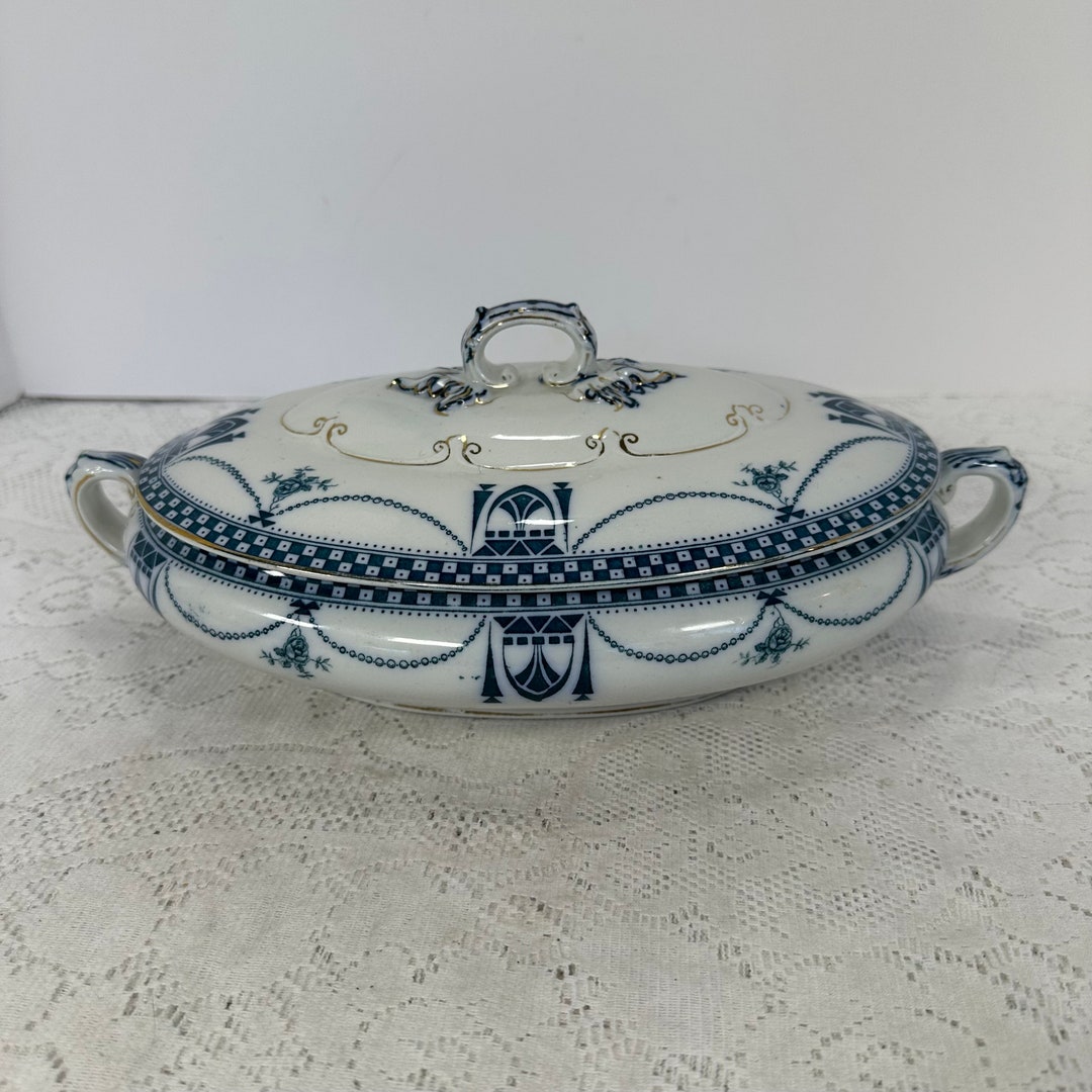Antique Vintage S.H &S, Regent Blue Transferware Tureen Serving Dish ...