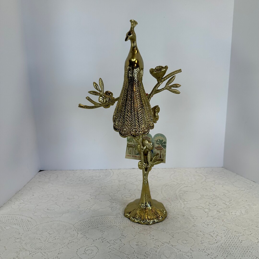 Tall Brass Peacock on Tree With Blooming Flowers, Home Decor, World ...
