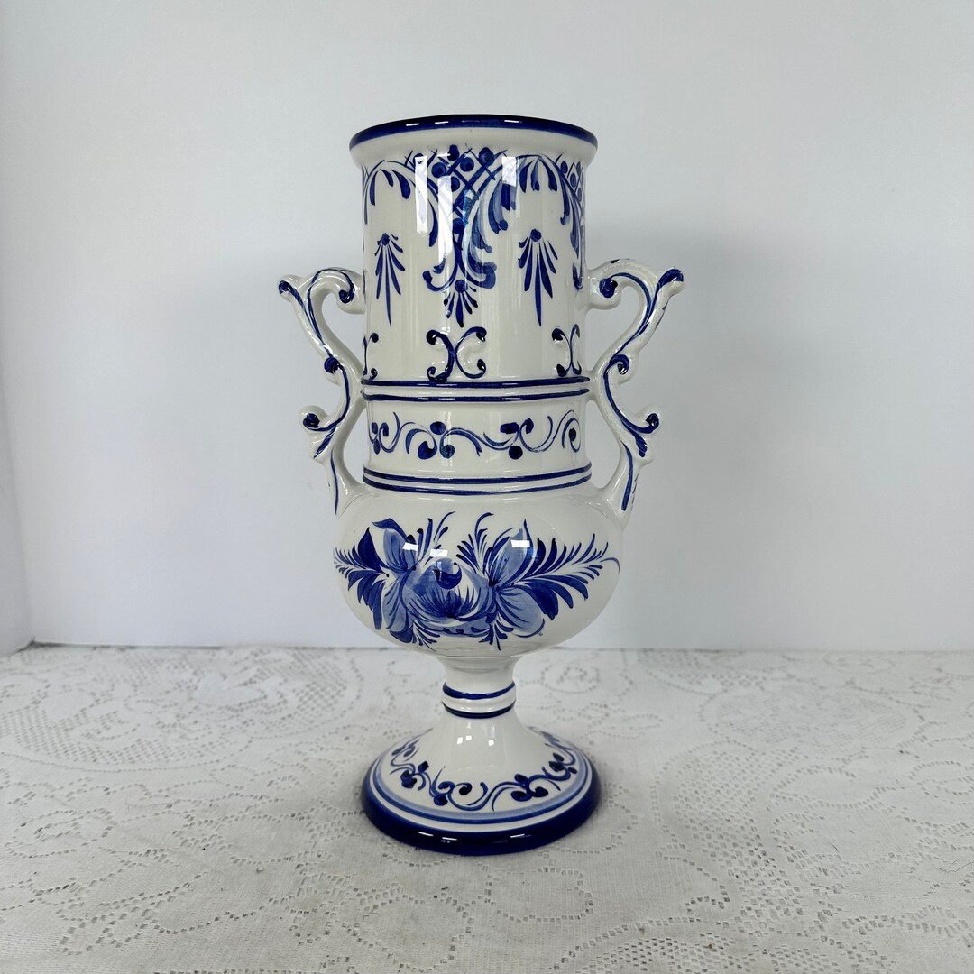 Vintage, Blue and White Two Handle Vase, Hand Painted From Portugal ...