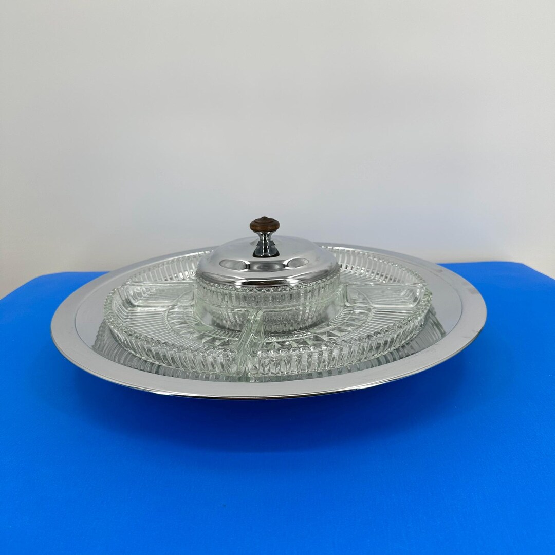 1960s Kromex Chrome and Metal and Crystal Glass, Lazy Susan Serving ...