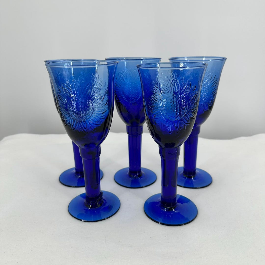 Vintage Set of FIVE, Deep Blue Colbalt Sunflower Embossed Stemmed, Hand ...
