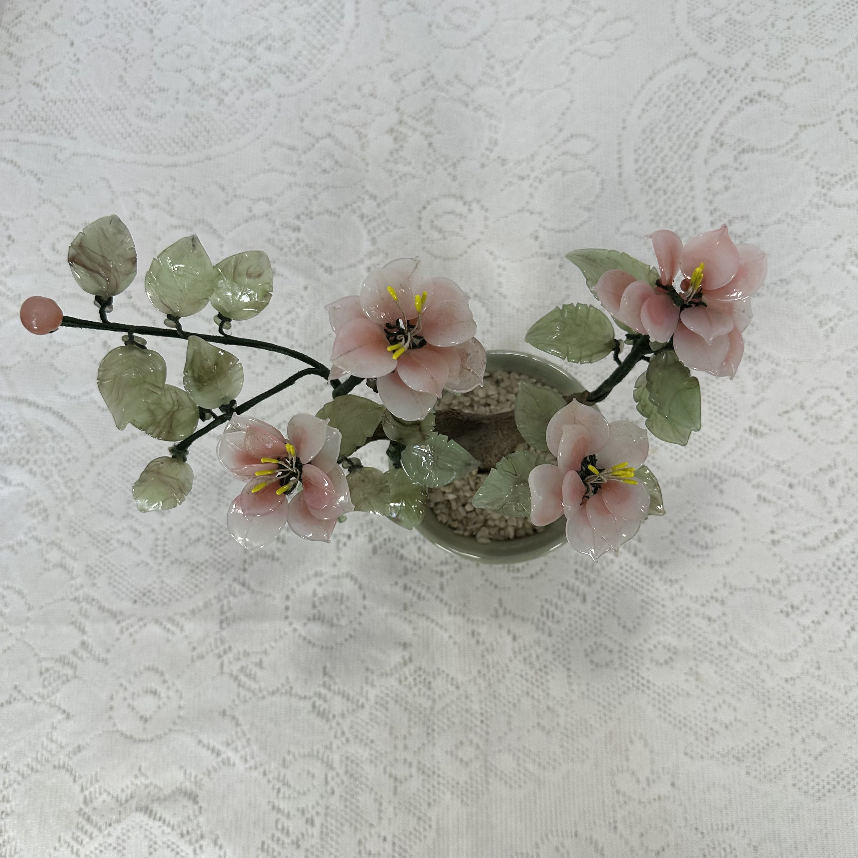 Vintage, Asian, Chinese Bonsai Jade, Agate, Glass Flowers, Tree in ...
