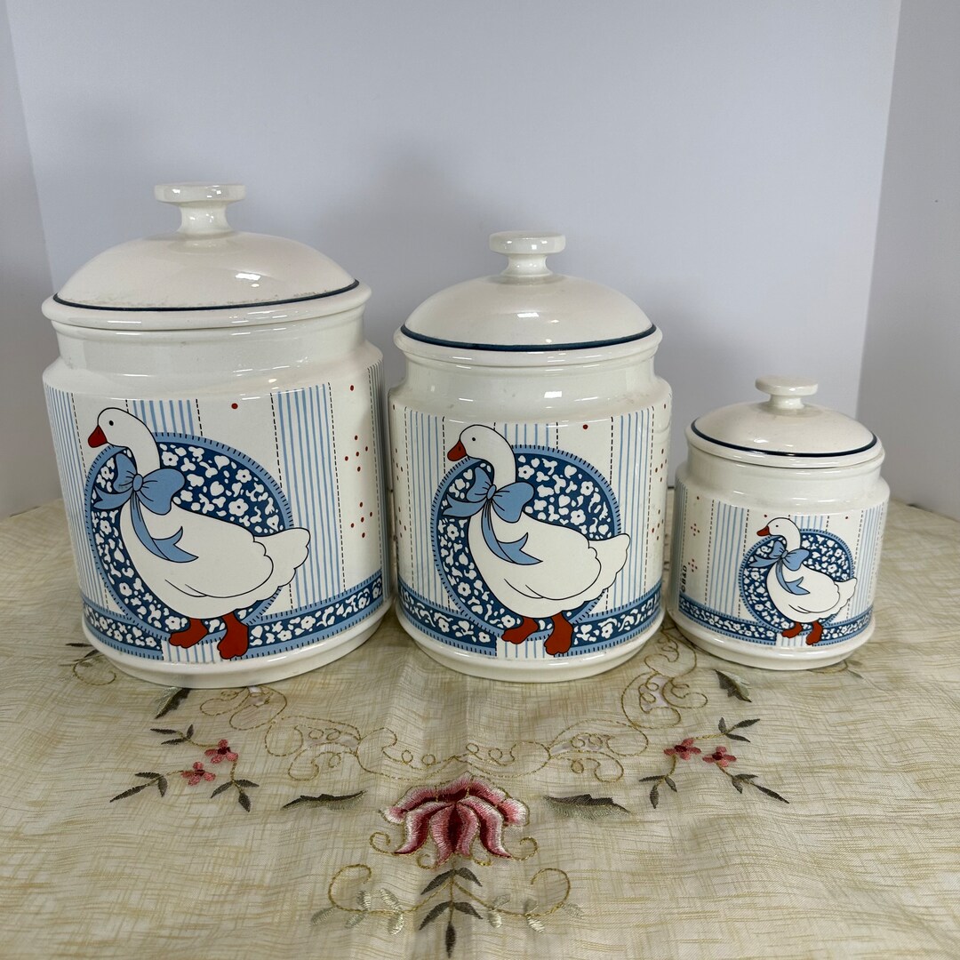 Set of 3 Vintage Canisters, 1980s White Goose W/blue Ribbon Bow ...