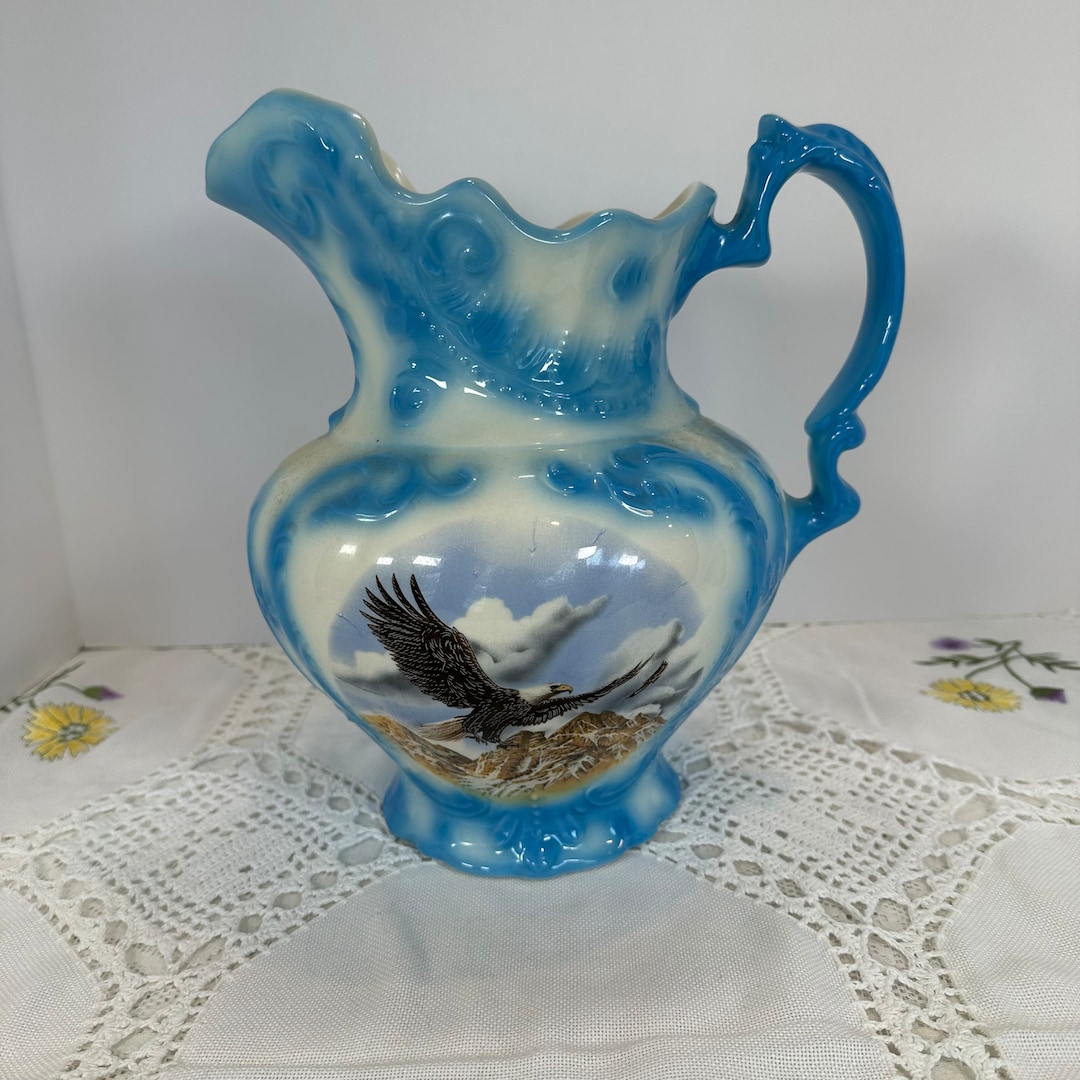 Vintage, Blue and White Bathing Jug With Blad Eagles Hand Painted ...