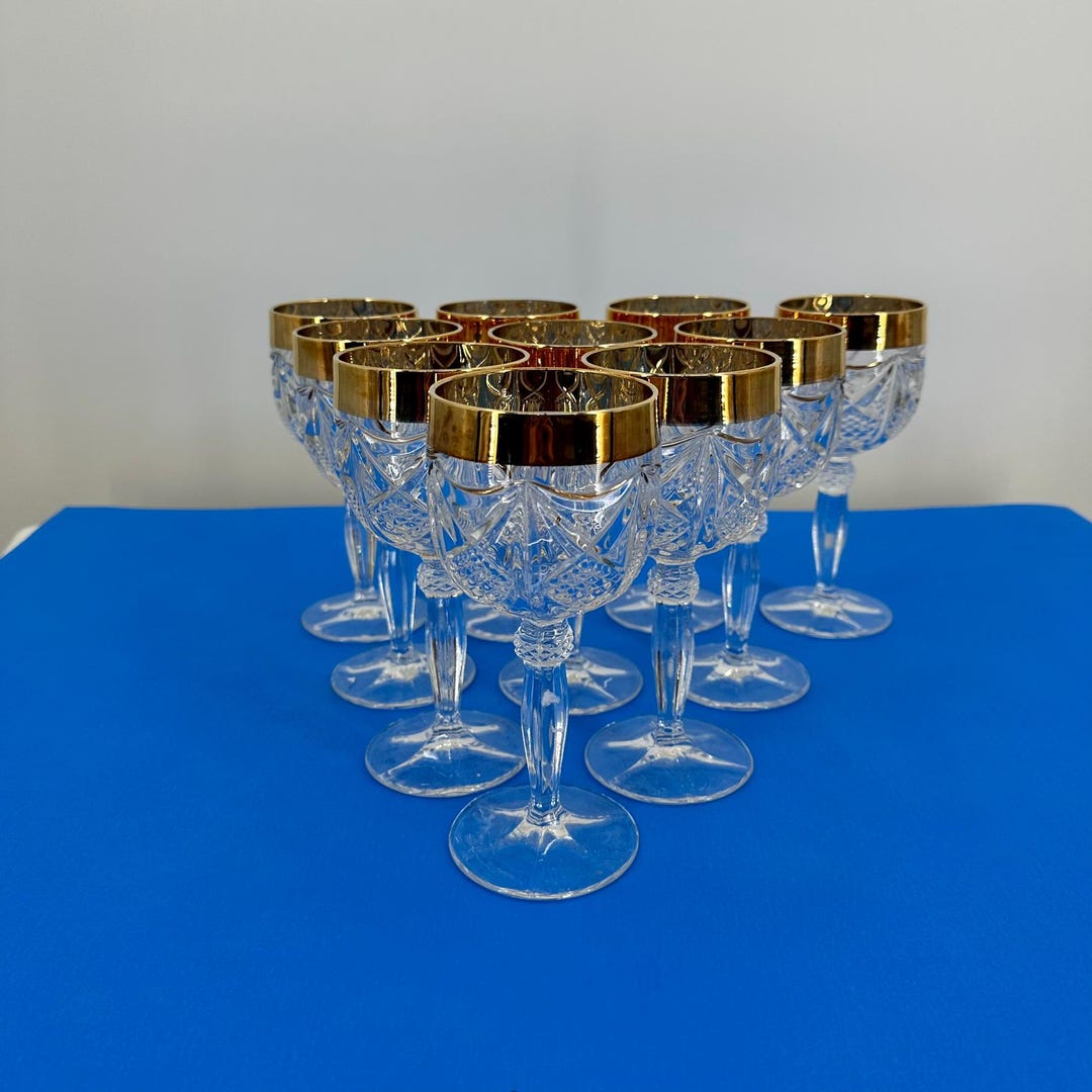 Vintage Set of TEN, Crystal Stemmed Gold Rimmed Gold Rims Glasses ...