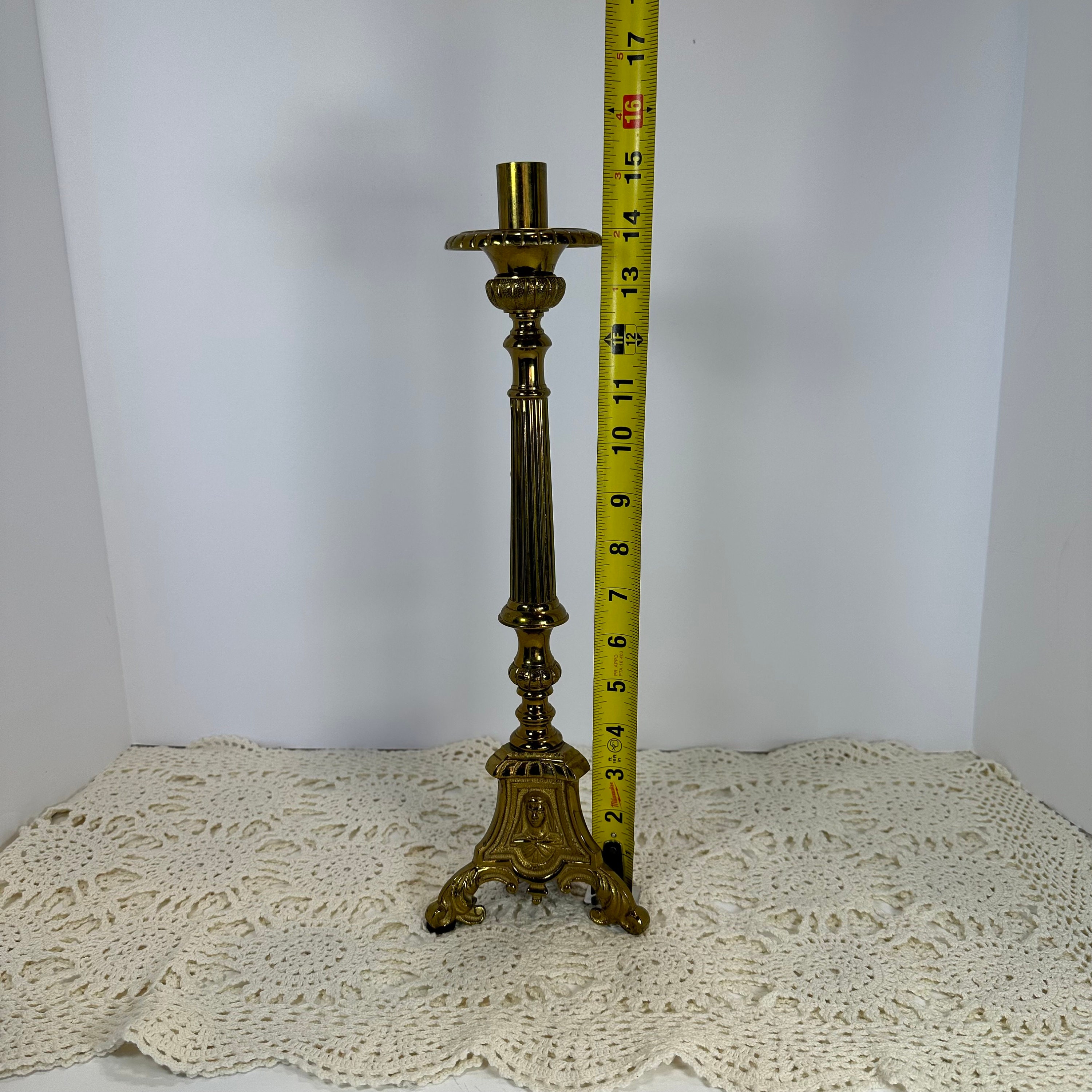 Tall Large Solid Brass Church Candle Stick Holder, Jesus, Mary, and ...