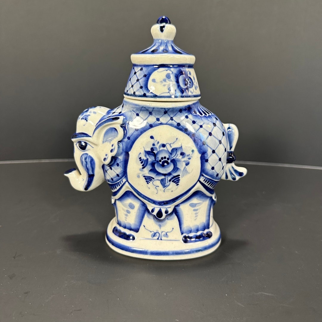 Vintage Gzhel Russian Elephant Tea Caddy Blue and White Small - Etsy