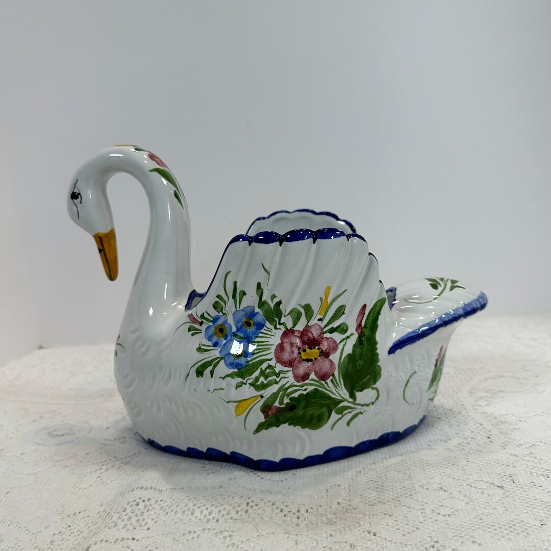 Vintage, White Swan Indoor Planter Pot, Hand Painted From Portugal ...