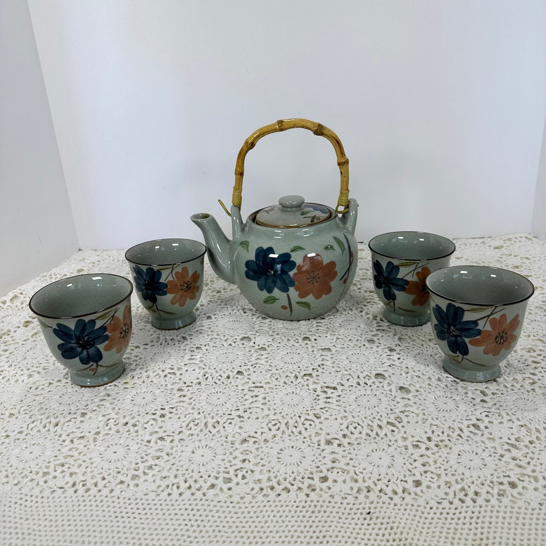 Vintage, Blue Green Glazed Asian, Huafeng Kafuh, Tea Set With Four Cups ...