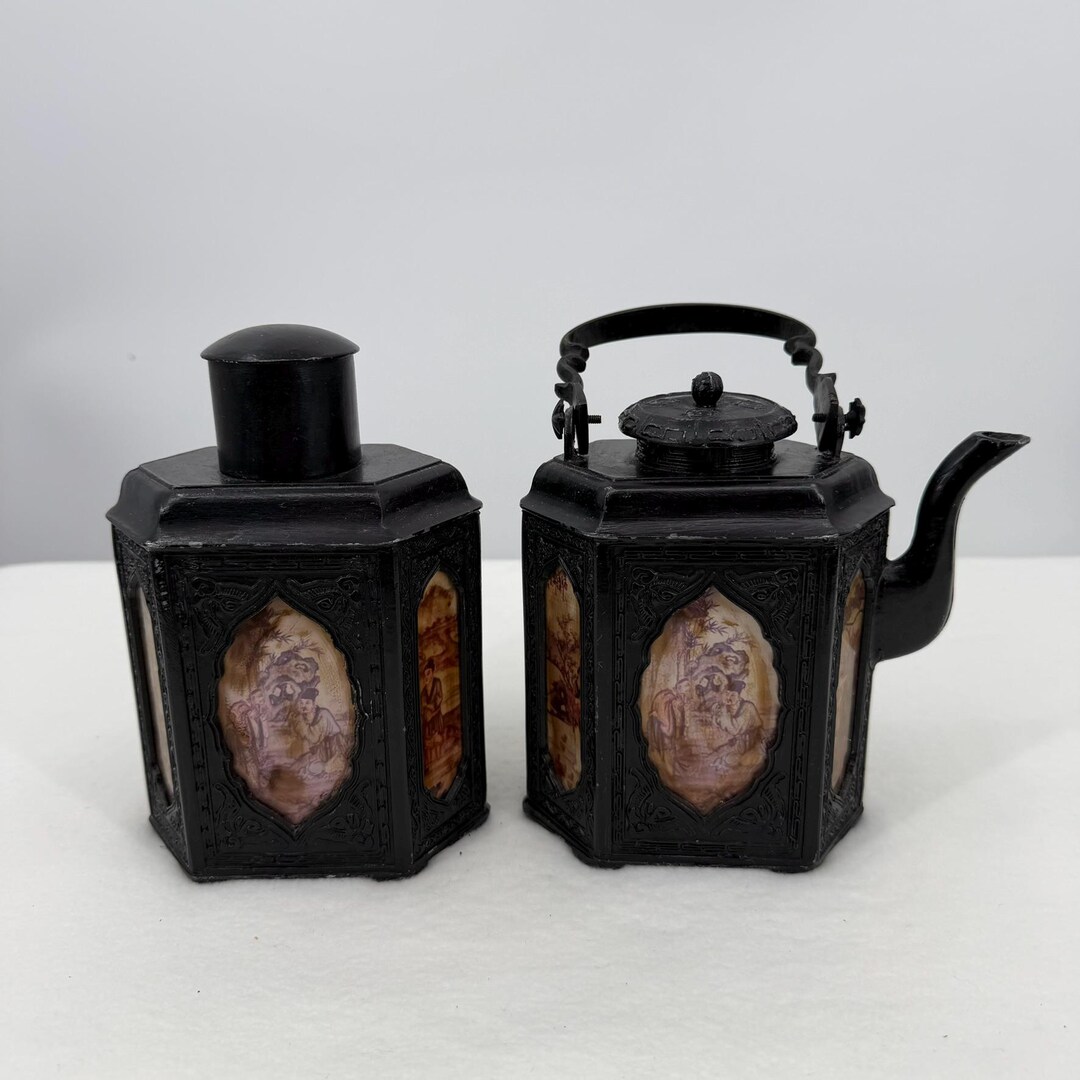 Vintage Chinese Shantou Pewter Tea Caddy & Teapot Set, Octagonal ...