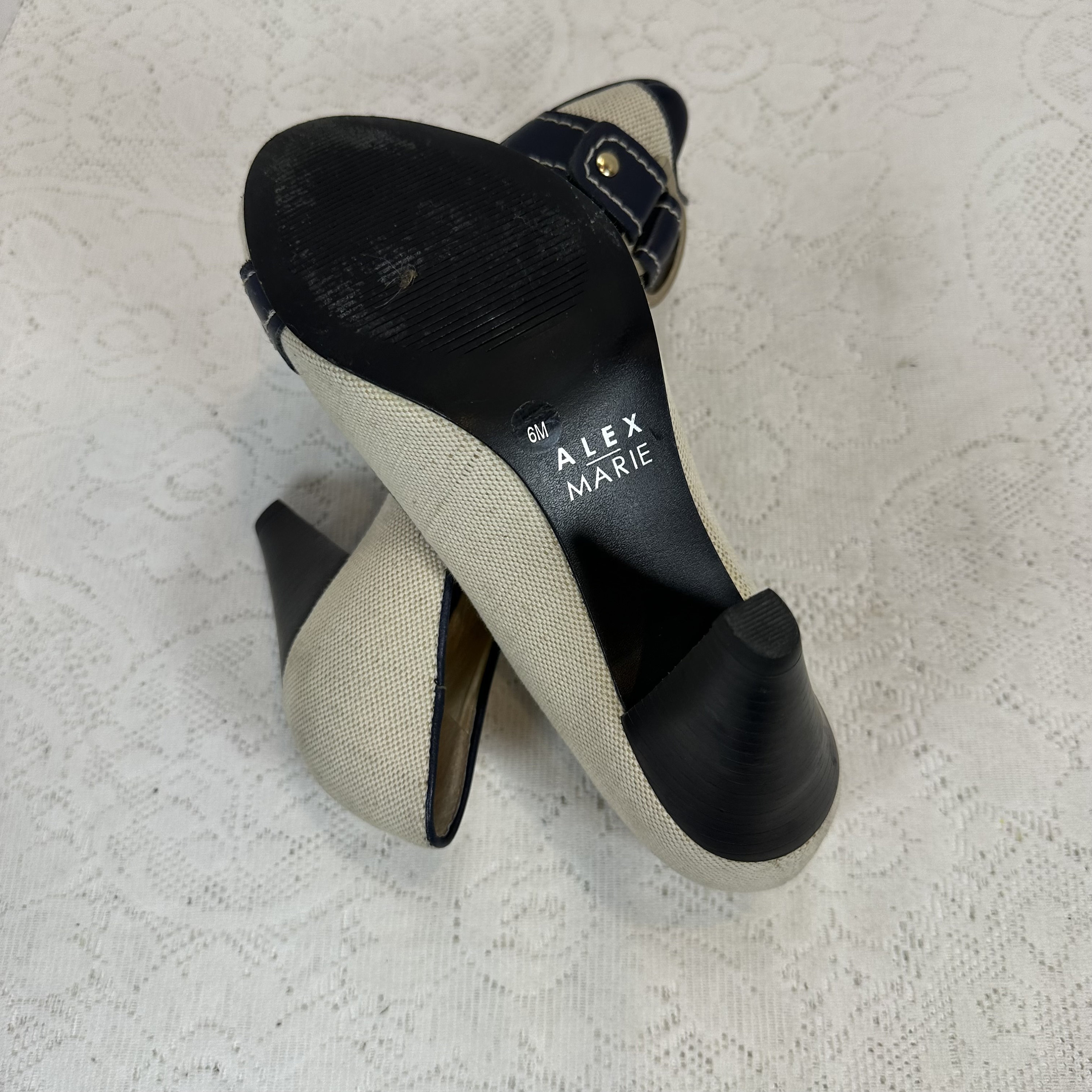Women's Shoes, Alex Marie, Tan Canvas Open Toe, Dark Black Leather Trim ...