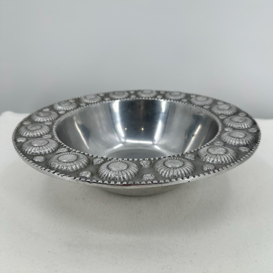 Vintage Pewter Metal Display Bowl | Ornate Studded Spanish Colonial ...