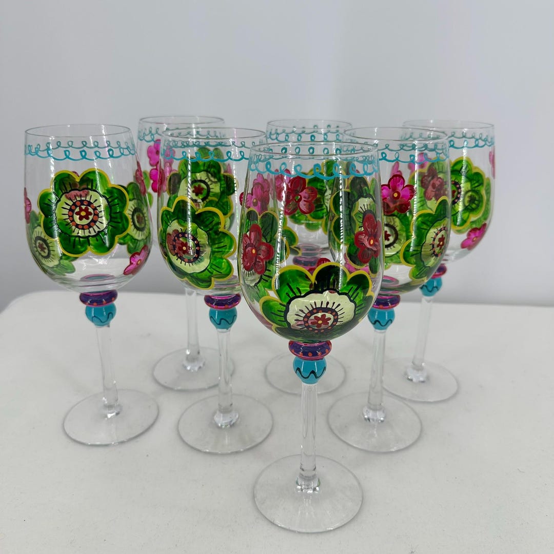 Vibrant Floral Hand-painted Wine Glasses | Set of 7 | Unique Artistic ...