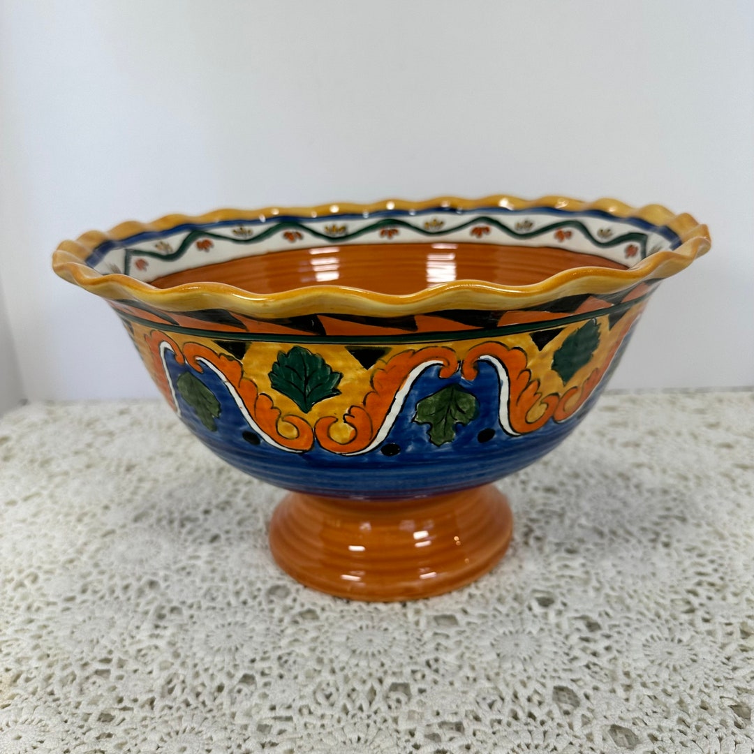 Vintage Porcelain Pedestal Bowl Textured Colorful Hand-painted Floral ...