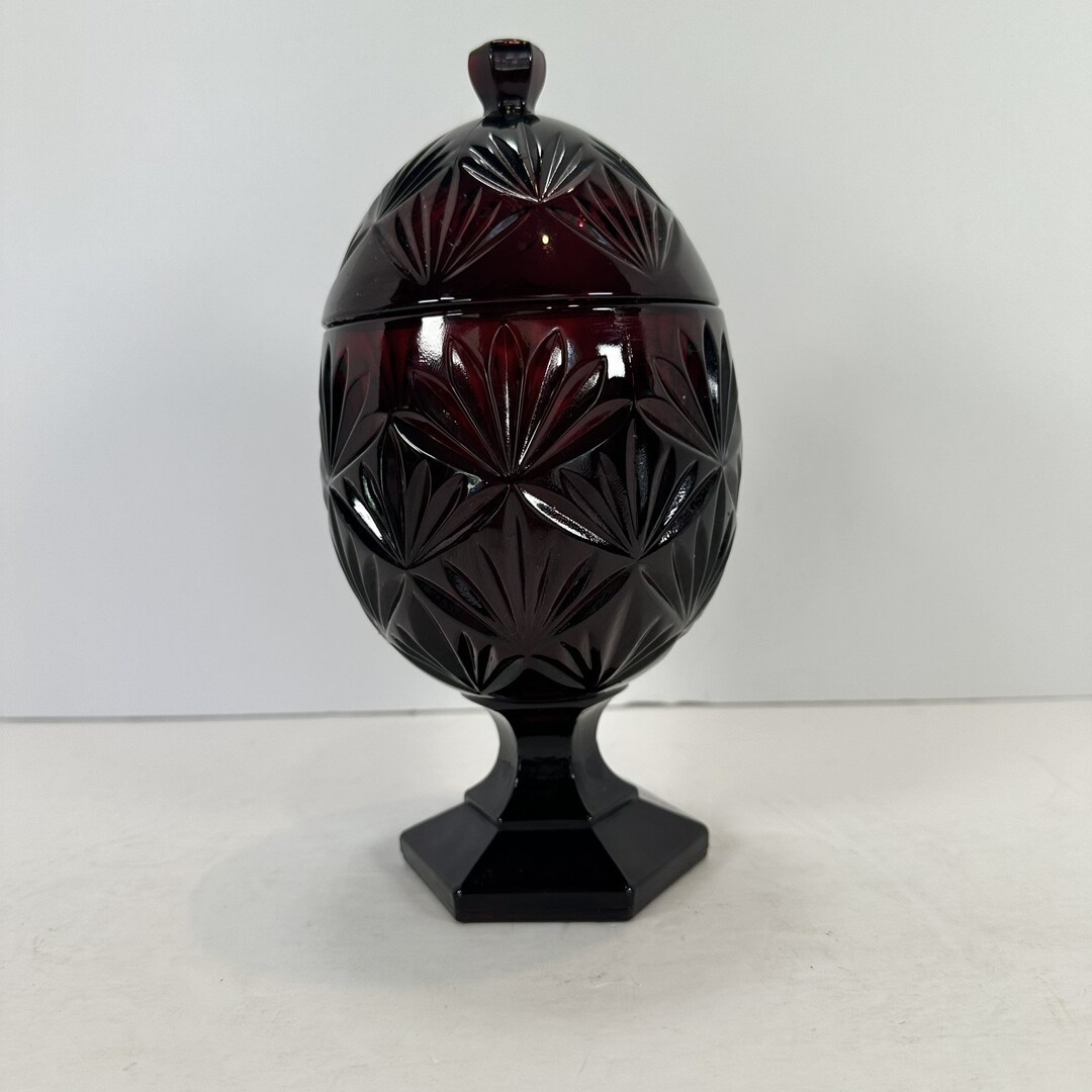 Vintage, Ruby Red Glass Egg Shaped, Footed Candy Dish W/ Lid, Candy ...