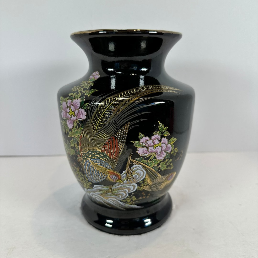 Vintage, Black Japanese Heisei Hand Painted Floral Vase With Pheasant ...
