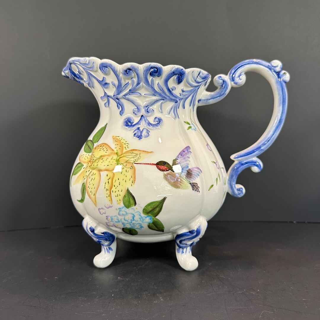 Vintage Hummingbird Flower Bird Footed Ornate Ceramic 7.5" Pitcher Jug ...