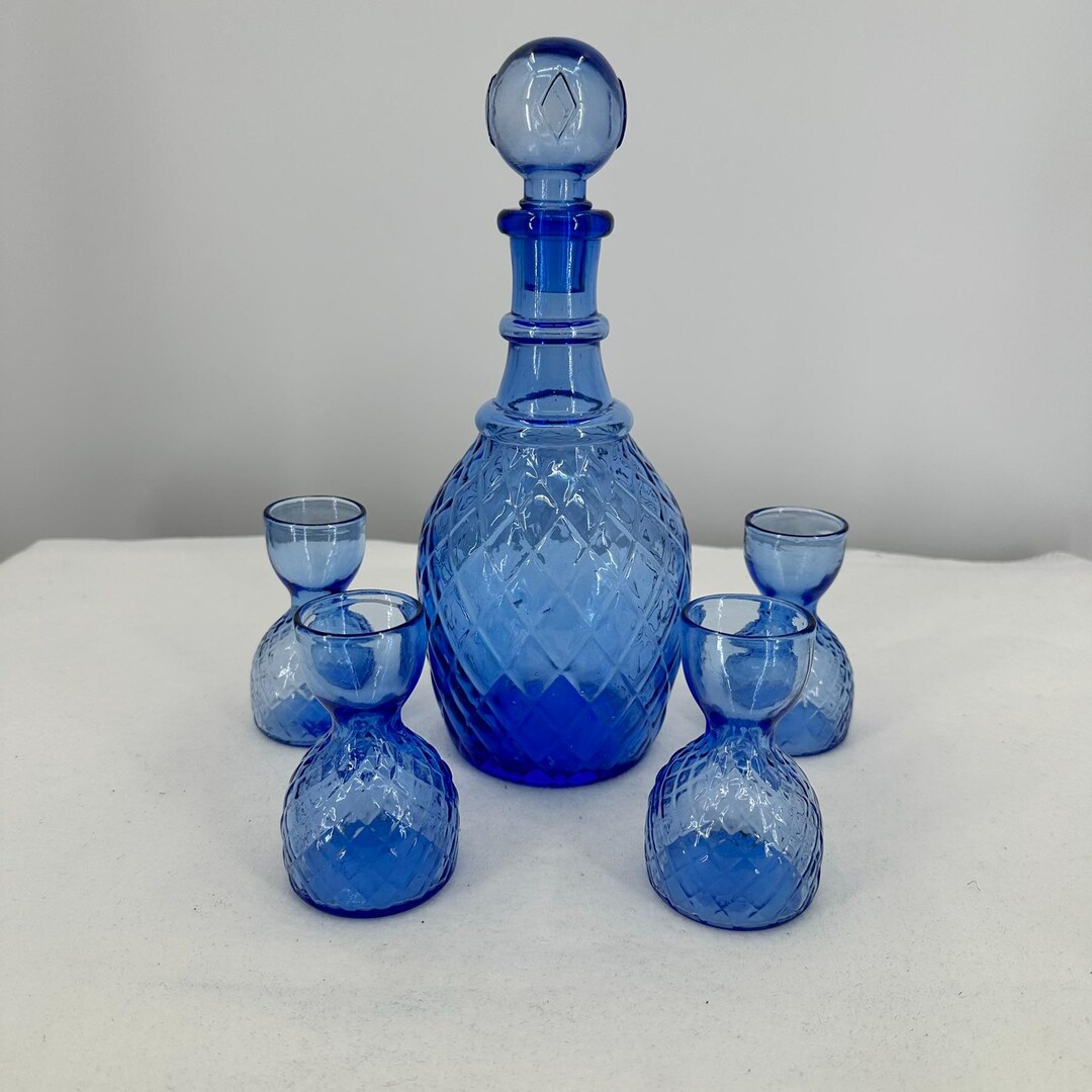 Vintage Blue Diamond Point Decanter Set With 4 Cordial Glasses | Mid ...