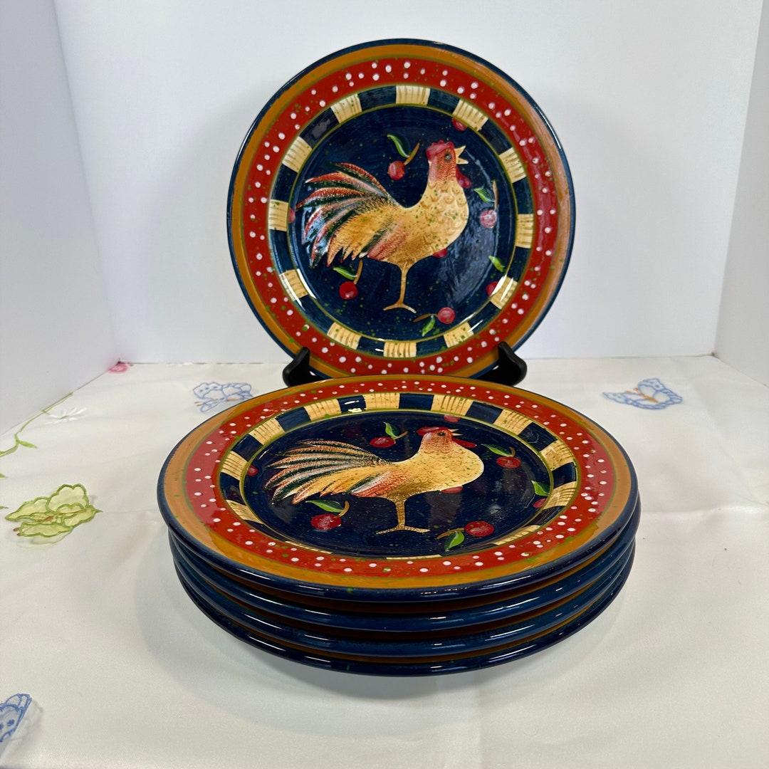 Decorative, Vintage Set of 5, Rooster Dinner Plates, Multi-color Dk ...