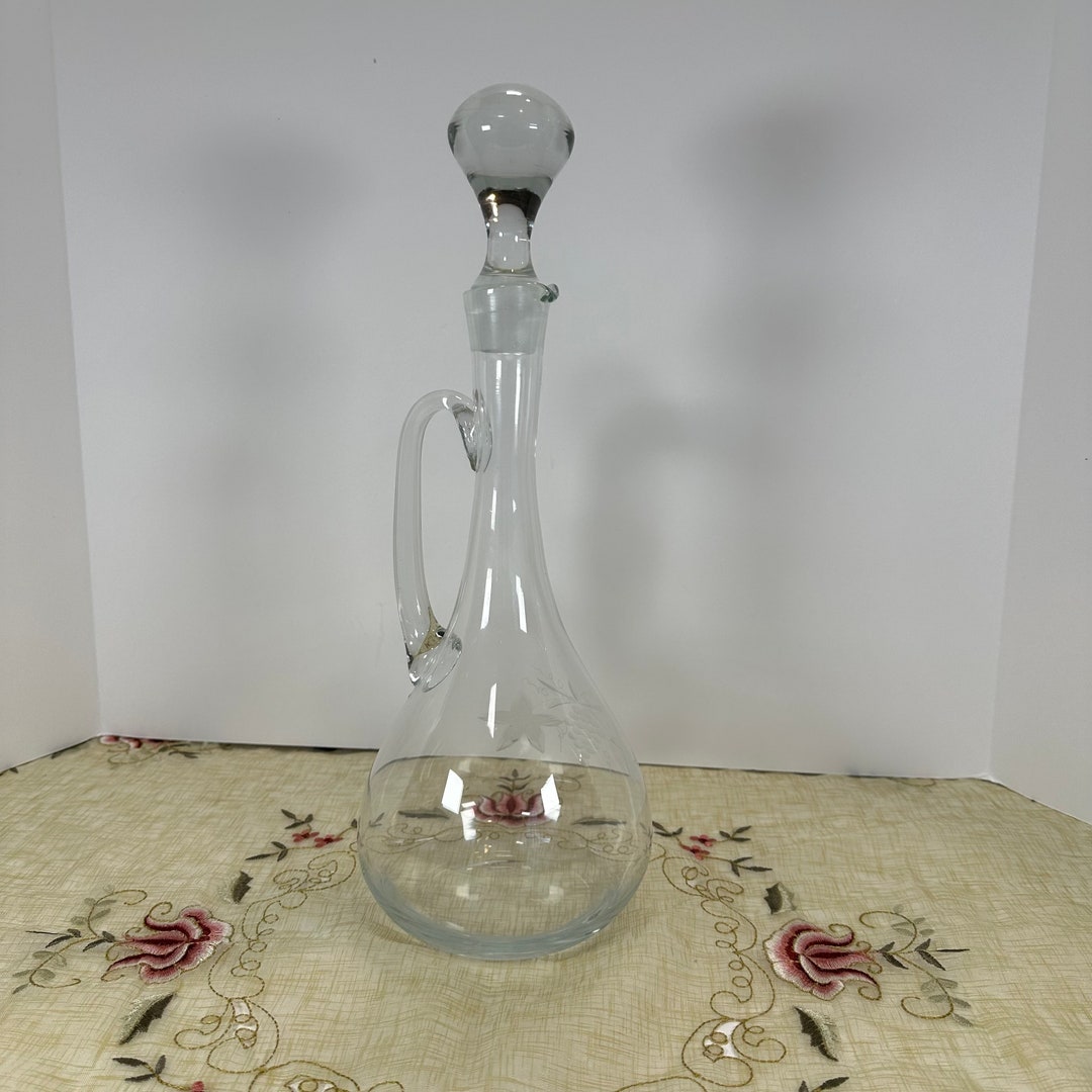 Vintage Wheel Cut Glass Handle Claret Jug or Wine Decanter, Floral Cut ...
