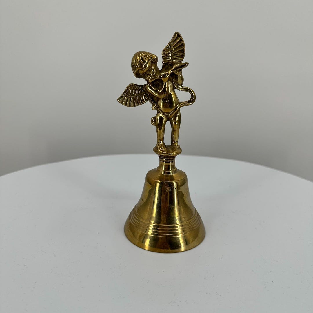 Vintage Solid Brass Bell, Hand Bell, Winged Cupid Playing Flute, With ...