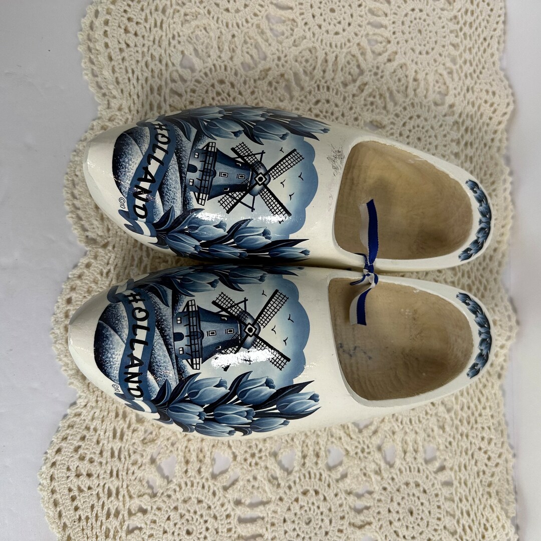 Hand Craved Wooden Dutch Shoes Adult Size Blue and White, Holland, 4.5 ...