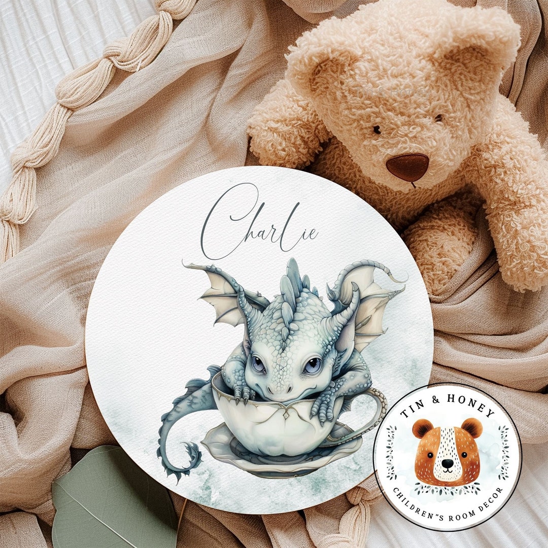 Cute Baby Dragon Teacup Sign, Personalized Blue Grey Round Dragon Name ...