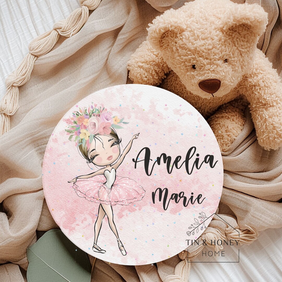 Pink Floral Ballet Dancer Baby Name Sign, Personalized Ballerina Round ...