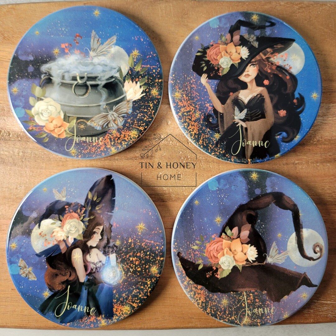 Personalized Floral Witch Coasters, Custom Set of 4, Lovely Watercolor ...