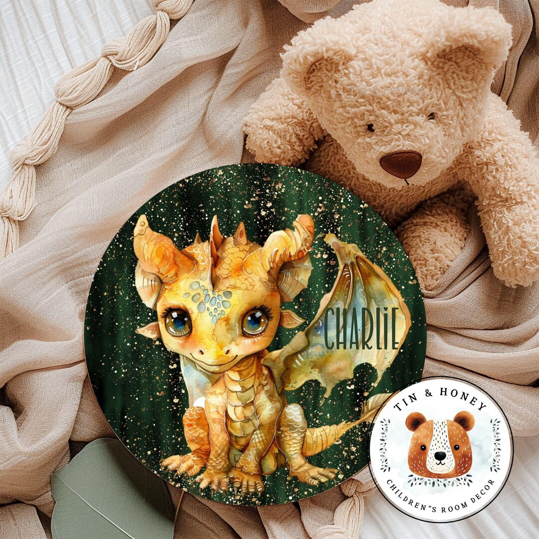 Gold Green Baby Dragon Sign, Personalized Gold Round Dragon Name Sign ...