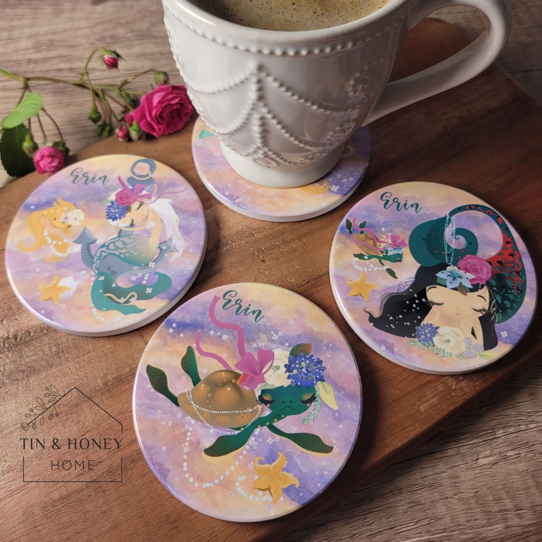 Set of 4 Mermaid Coasters, Personalized Cartoon Mermaid Coasters, Round ...