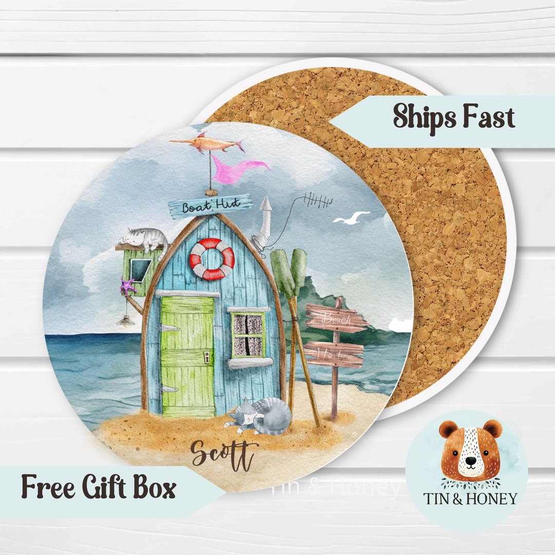 Coastal Beach Village Coasters Set, Beach Vacation Personalized Ceramic ...