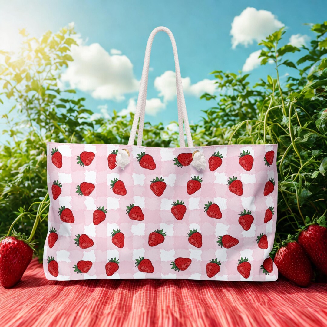 Checkered Strawberry Weekender Bag | Pink Strawberry Travel Tote - Etsy