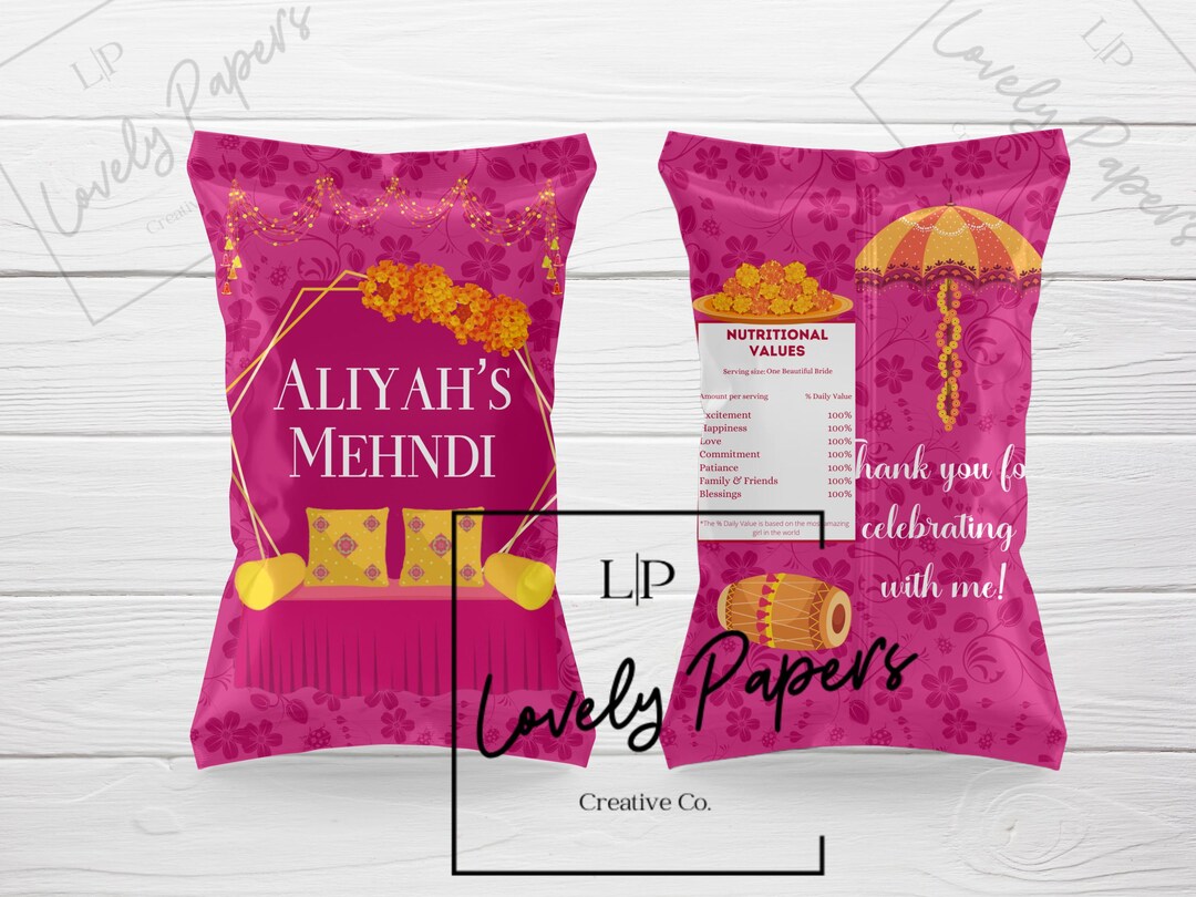Personalised Mehndi Crisp Packets | Indian Wedding Chip Bag | Dholki ...