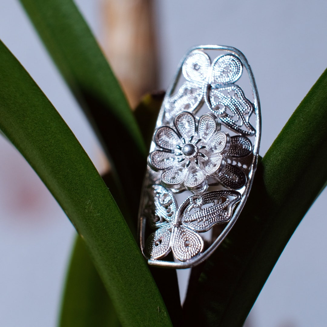Silver Butterflies & Flower Ring, Fine Silver Ring, Knuckle Ring ...