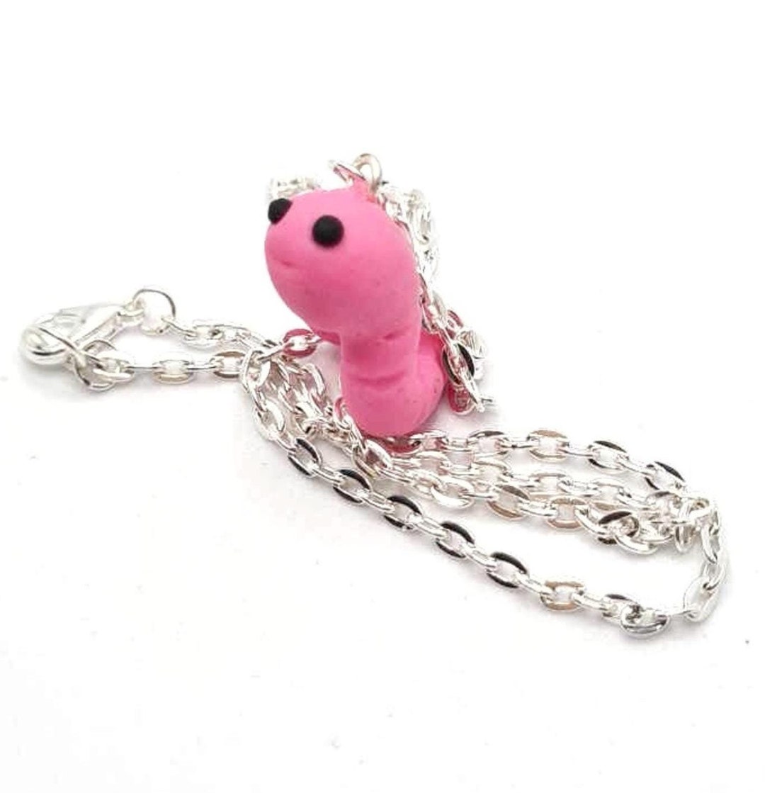 Cute Worm Necklace Silver Chain Earth Worm Pendant Polymer Clay Insect ...