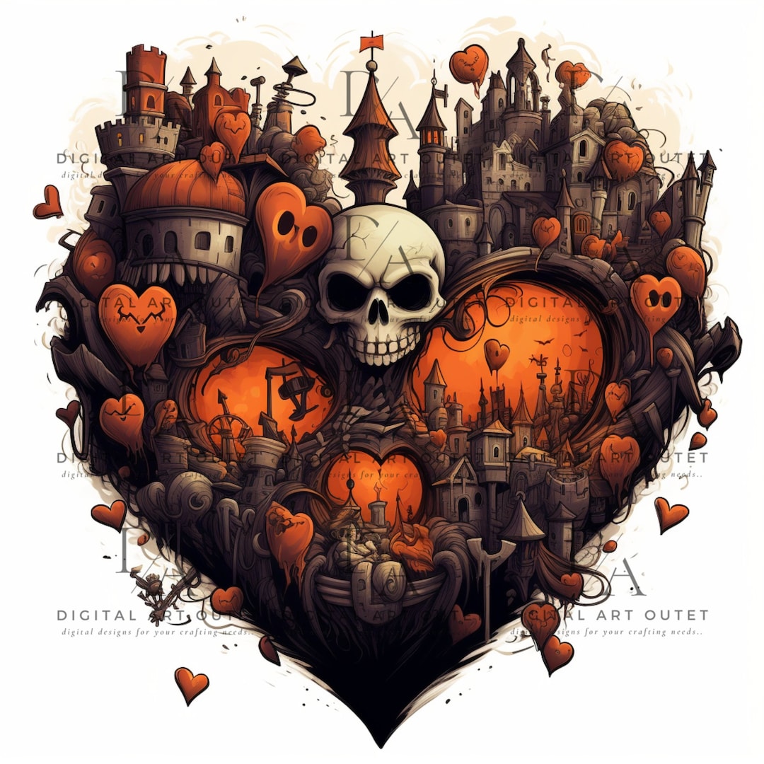 Creepy Heart Shaped Halloween Town With Pumpkins and Skulls PNG ...