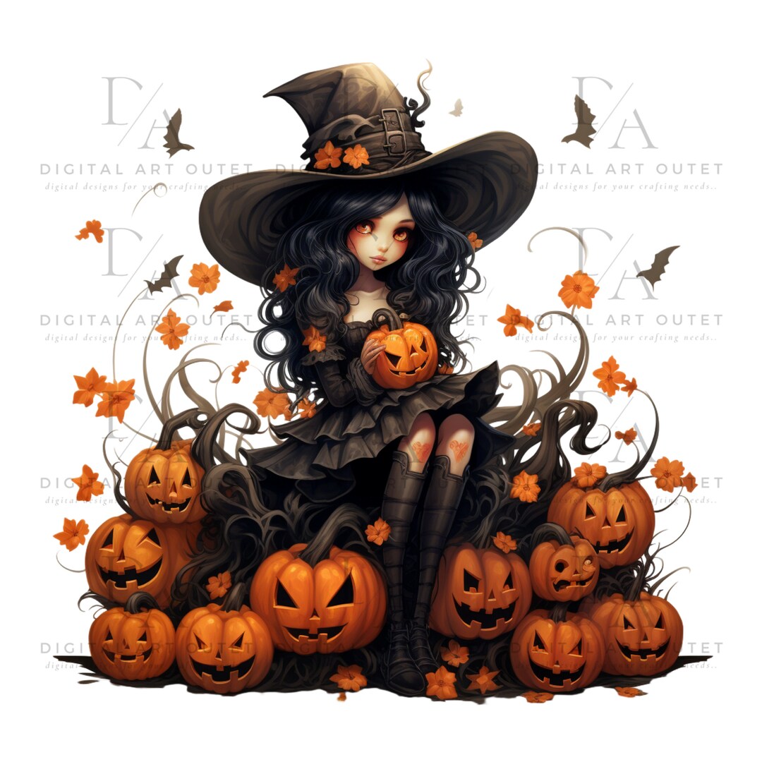 Attractive Pretty Animated Halloween Witch With Hat, Pumpkins, and ...
