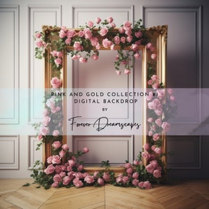 Pink and Gold Collection, Floral Picture Frame, Digital Background ...