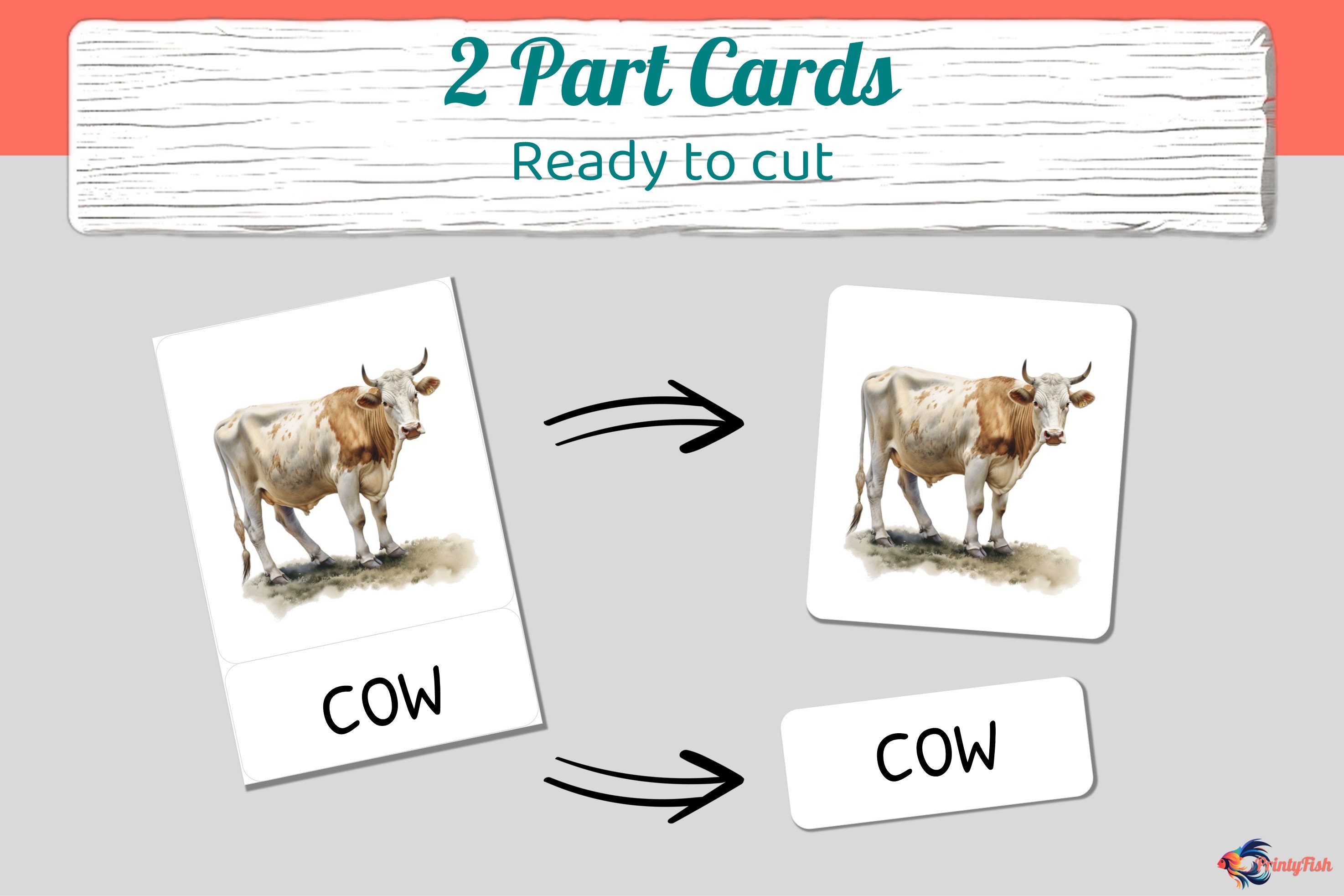 16 Farm Animal Name Cards Montessori 2-part Flashcards Educational ...