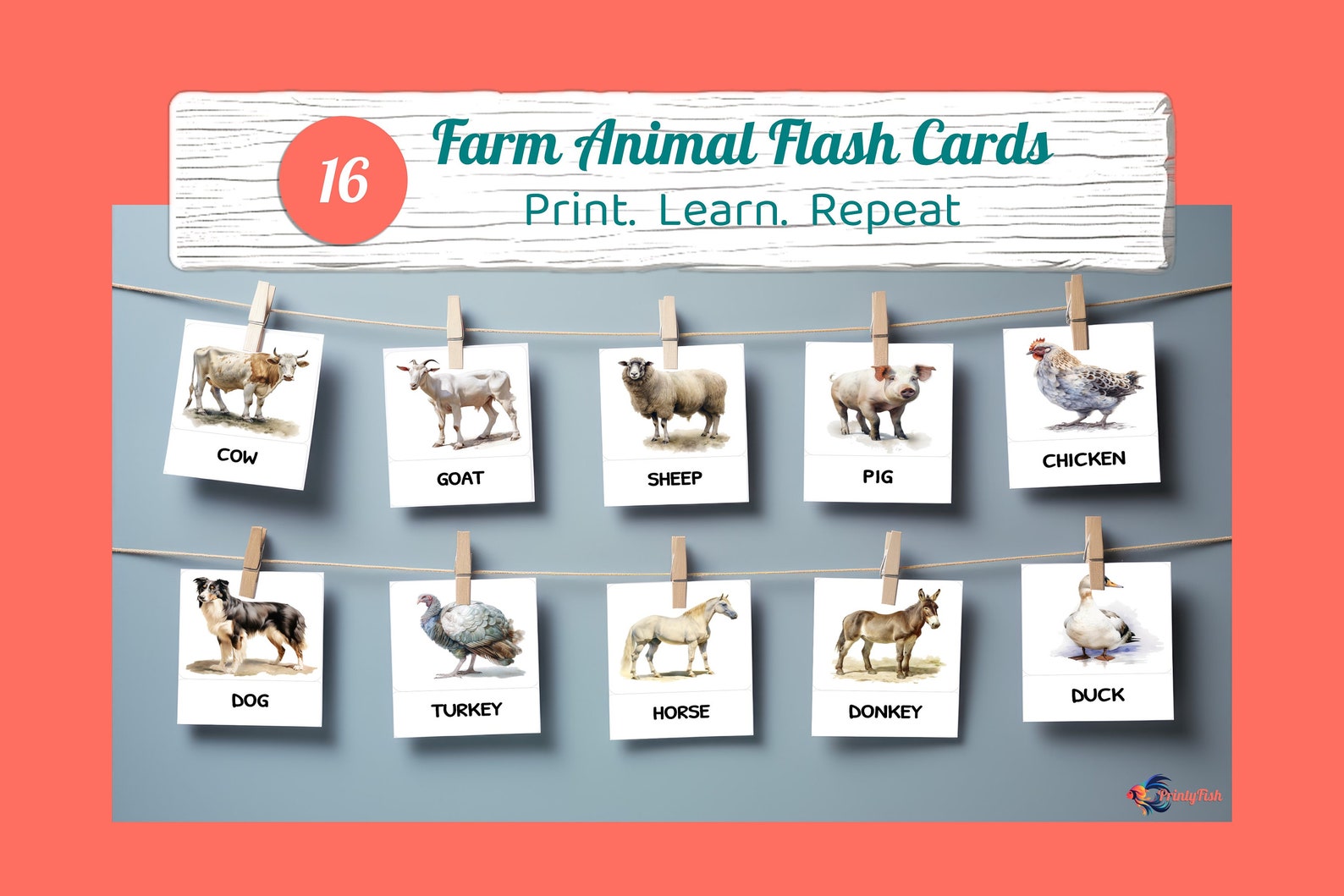 16 Farm Animal Name Cards Montessori 2-part Flashcards Educational ...
