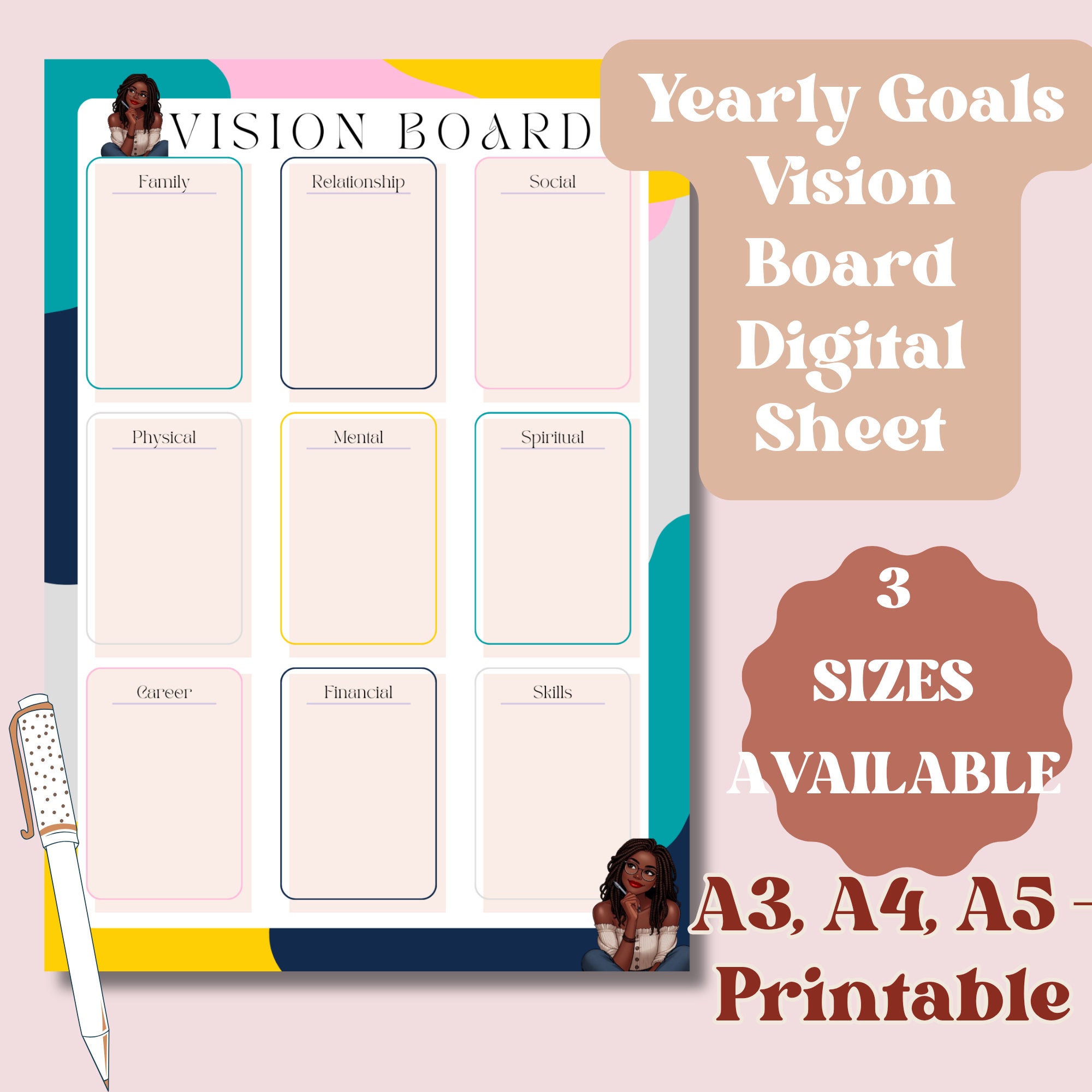 YEARLY GOAL TRACKER, Vision Board, Black Girl Goal Setting, Digital, A5 ...