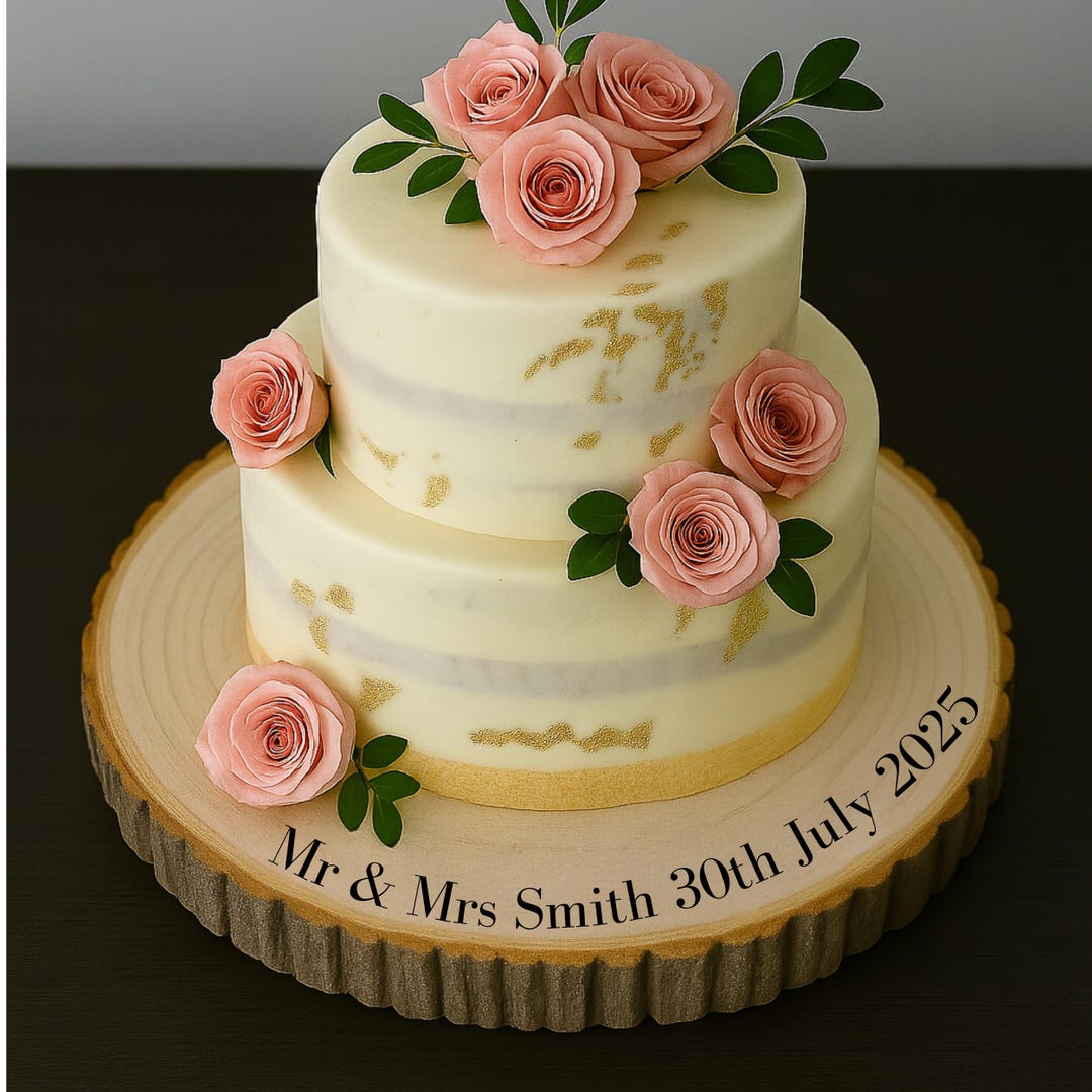 Personalised Wood Slice Cake Stand | Engraved Rustic Wedding Cake Base ...