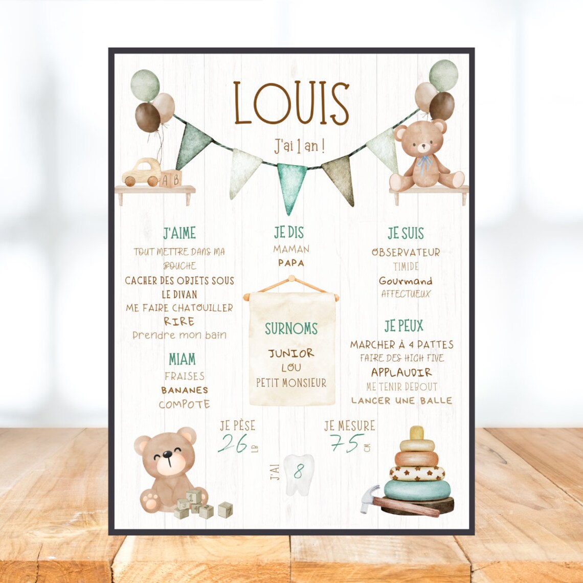 Personalized First Birthday Poster, Boho, Boho, Teddy Bear, Neutral ...