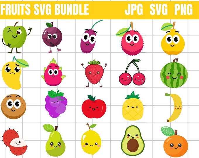 Kawaii Fruit Svg Cute Fruit Svg, Fruit Bundle Svg, Cute Food Svg, Fruit ...